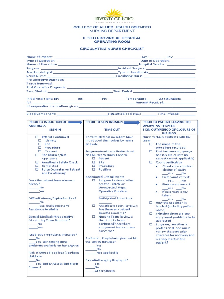 Circulating Nurse Checklist | PDF | Surgery | Anesthesia