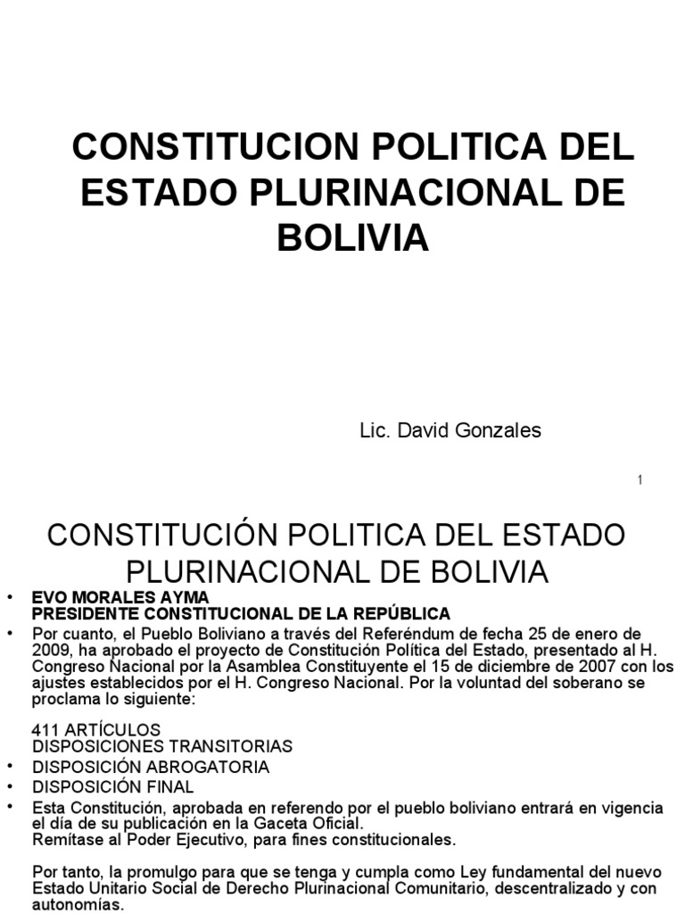 Constitucion Politica Del Estado Plurinacional de Bolivia: Lic. David ...
