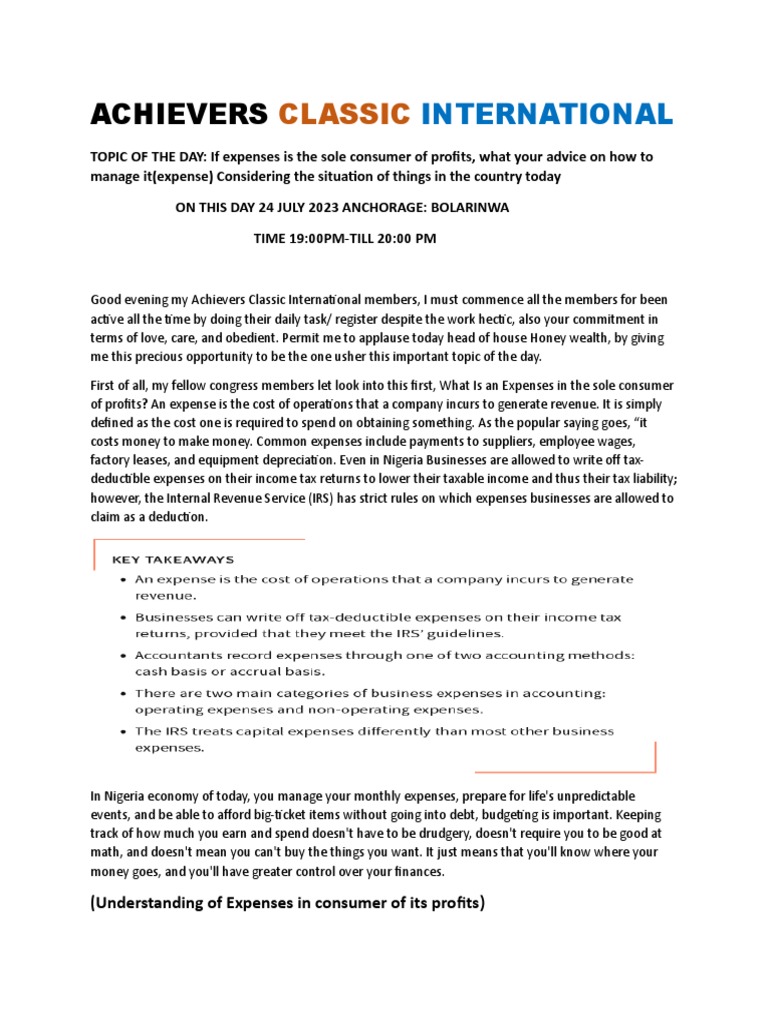 Achievers Classic International July Lecture | PDF | Expense | Capital ...