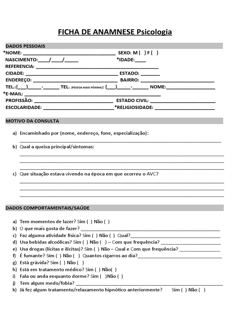 01 Anamnese Ficha de Anamnese 2 0 | PDF | AVC | Psicologia