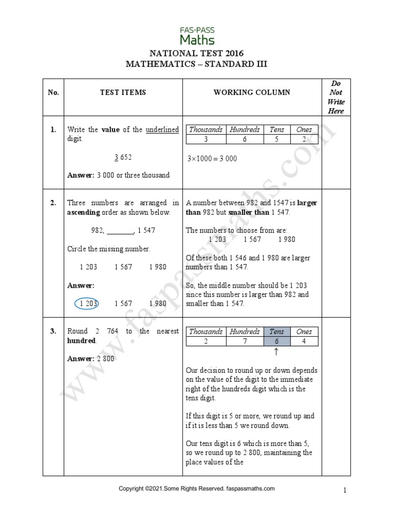 National Test Maths STD 3 2016 | PDF | Litre | Area