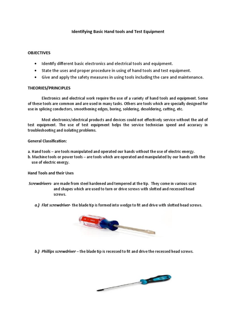 Identifying Basic Hand Tools and Test Equipment | PDF | Soldering | Drill