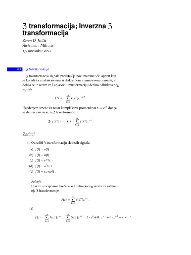 Transformacija Inverzna Transformacija: Zoran D. Jeli Ci C Aleksandra ...