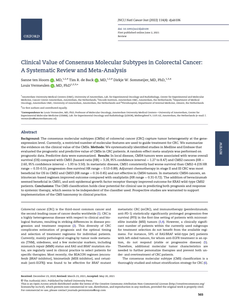 Clinical Value Of Consensus Molecular Subtypes In Colorectal Cancer Pdf Meta Analysis Cancer