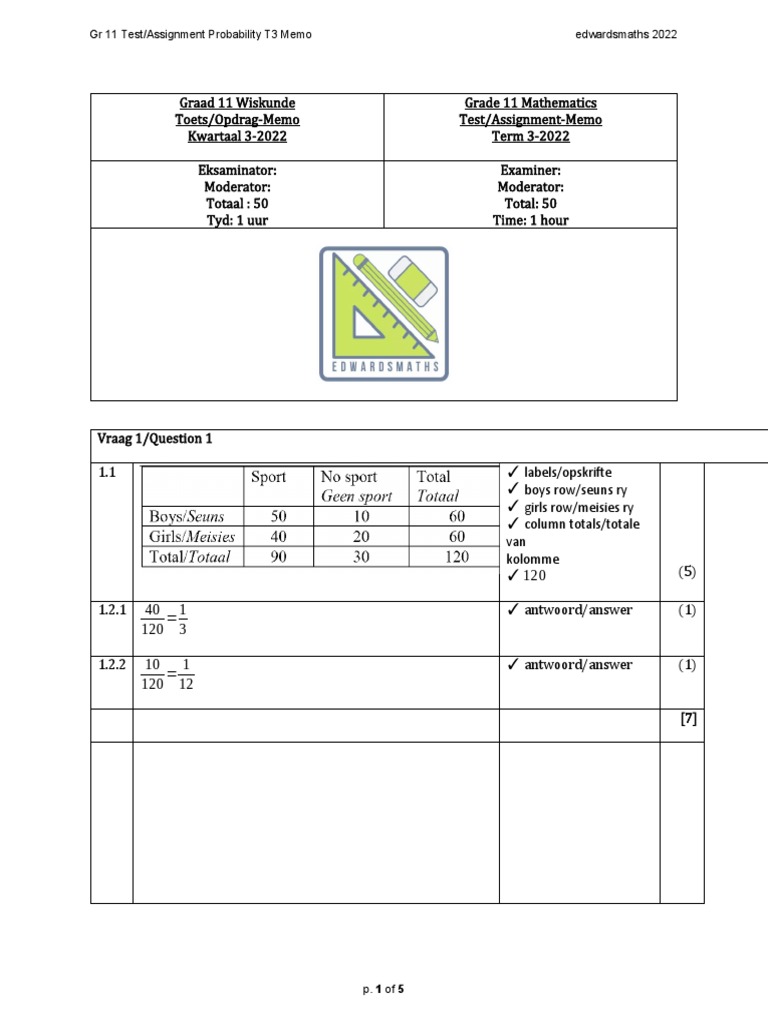 GR 11 Edwardsmaths Test or Assignment Probability T3 2022 Memo | PDF ...