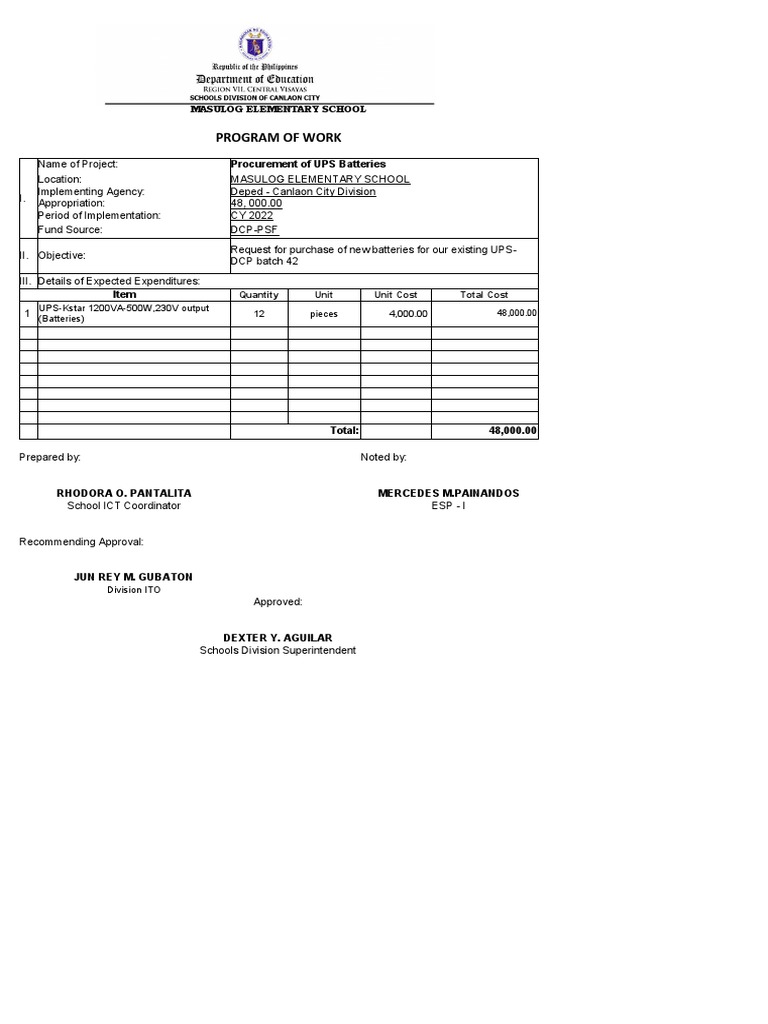 UPS Battery Procurement for Masulog School | PDF