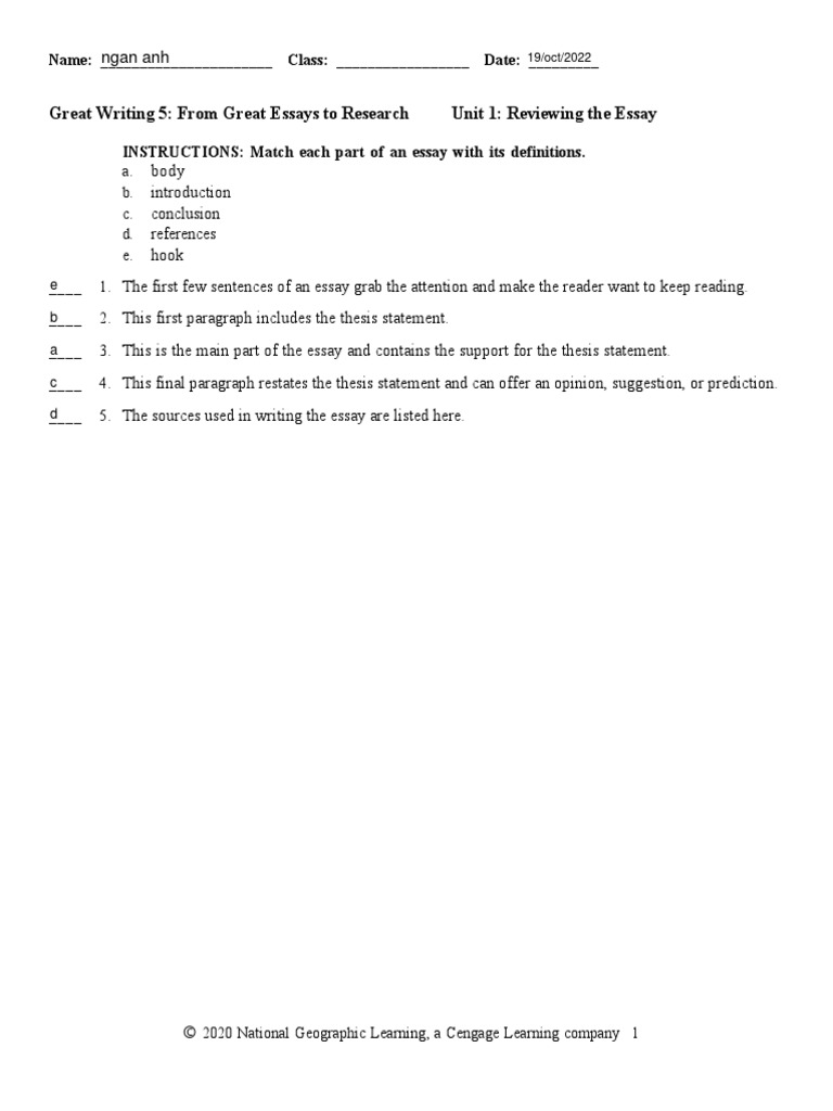 Great Writing 5 - Unit 1 Test | PDF