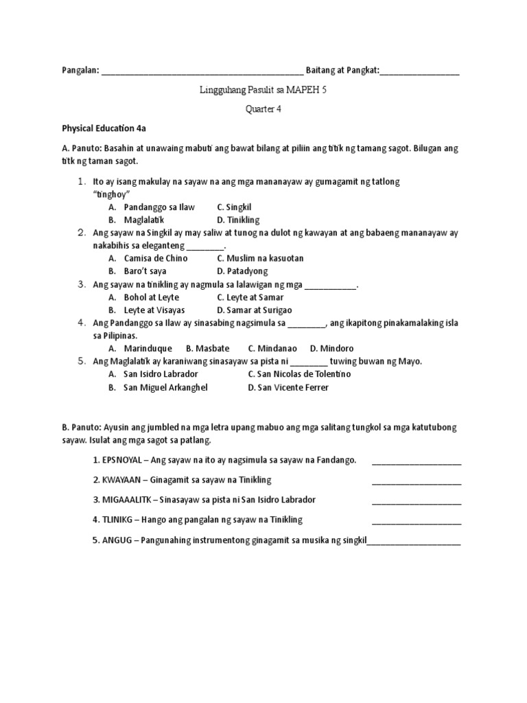 MAPEH WEEKLY TEST Q4 Pe Ang Health | PDF