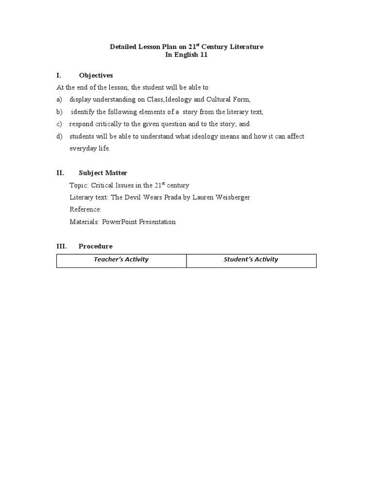 21st Century Literature Lesson Plan | PDF | Ideologies | Novels