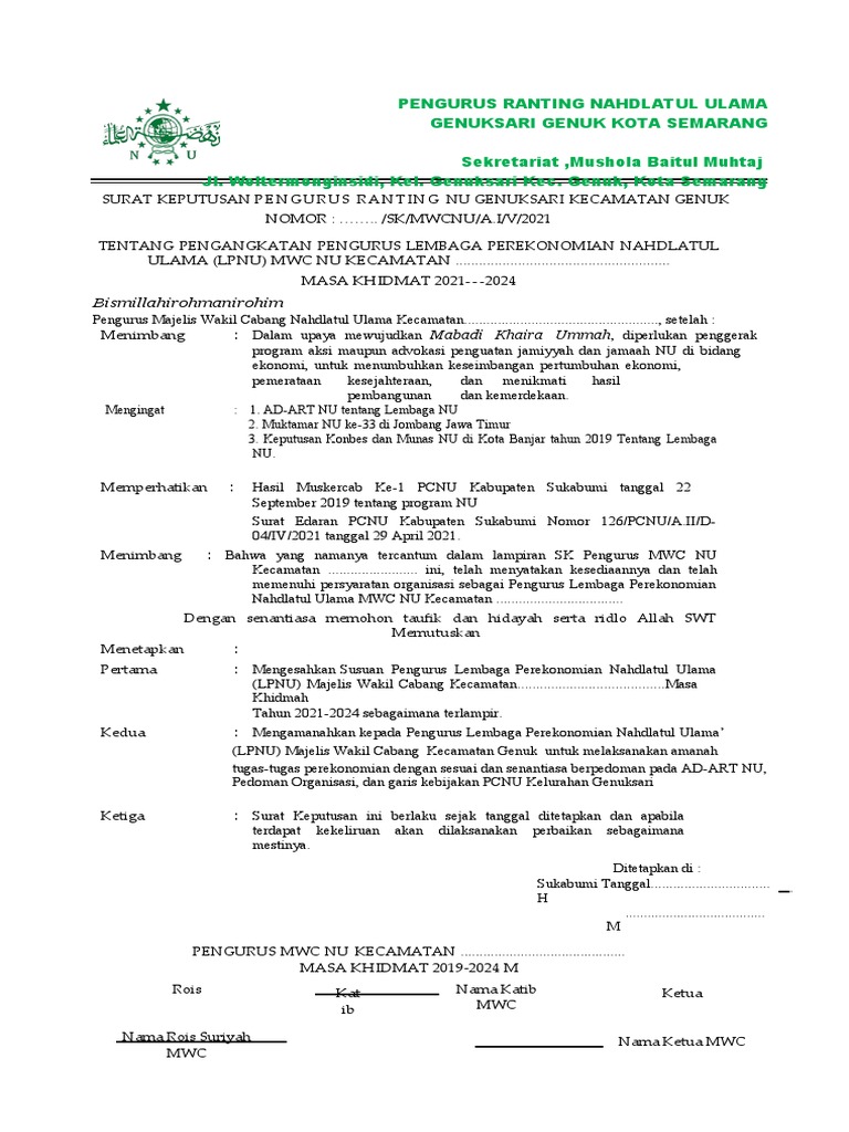 Surat Keputusan MWC Nu Kecamatan | PDF