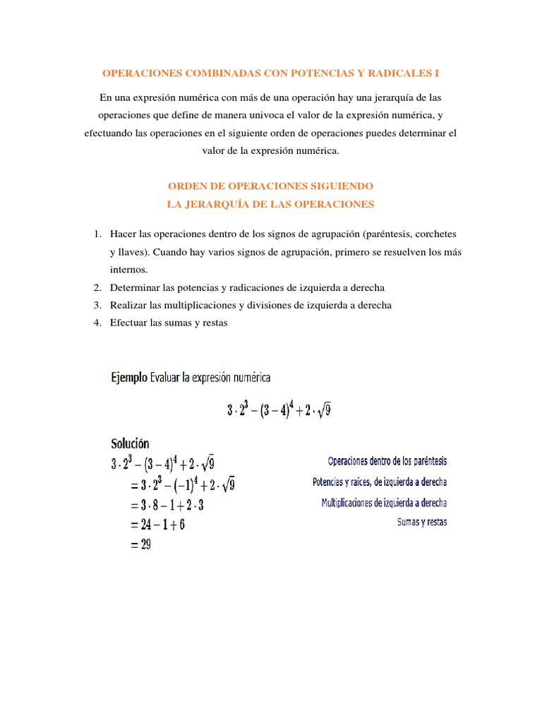 Operaciones Combinadas Con Potencias y Radicales I | PDF | Métodos y materiales de enseñanza