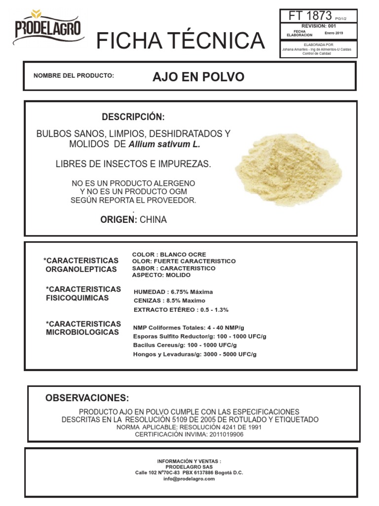 Ajo en Polvo - Ficha Tecnica | PDF Ajo en Polvo - Ficha Tecnica | PDF