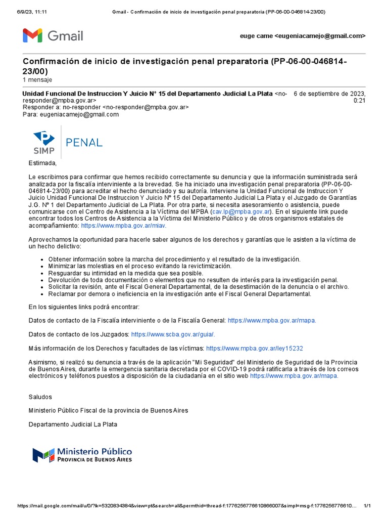 Gmail - Confirmación de Inicio de Investigación Penal Preparatoria (PP-06!00!046814-23 - 00 ...