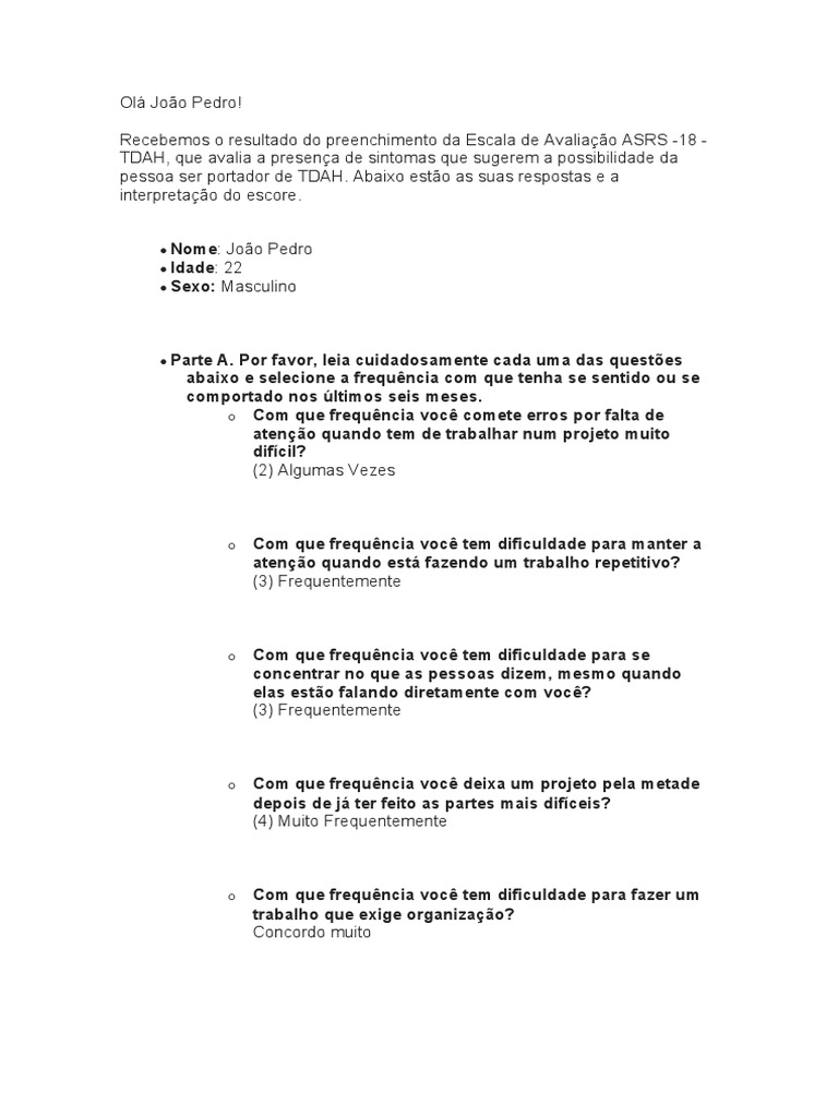 Resultados do Teste ASRS-18 para TDAH | PDF | Transtorno de déficit de ...