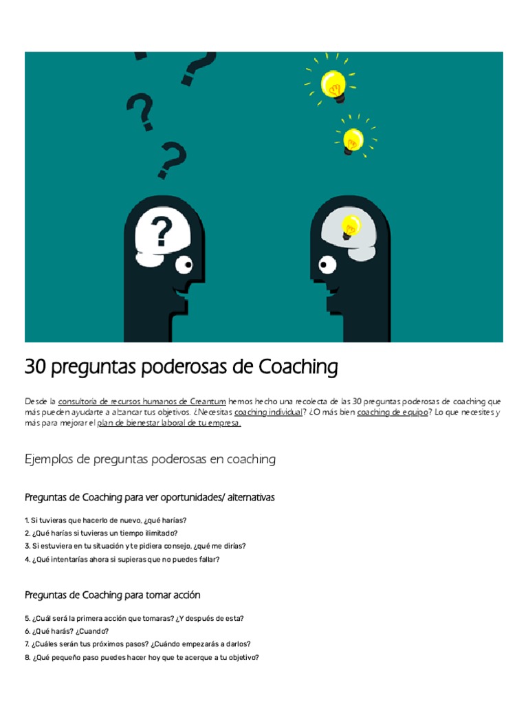 30 Preguntas Poderosas de Coaching - Creantum | PDF