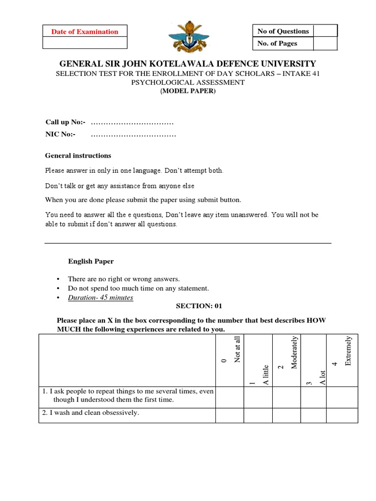 Psychological Assessment Model Paper | PDF | Psychology