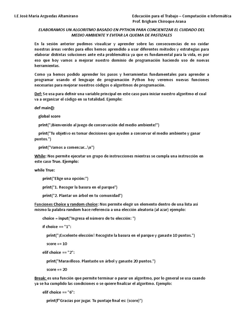 Elaboramos Un Algoritmo Basado en Python para Concientzar El Cuidado Del Medio Ambiente y Evitar ...