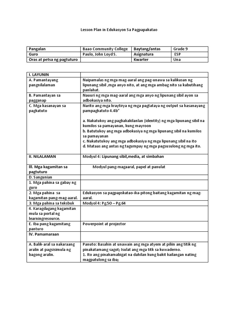 Lesson Plan in ESP | PDF