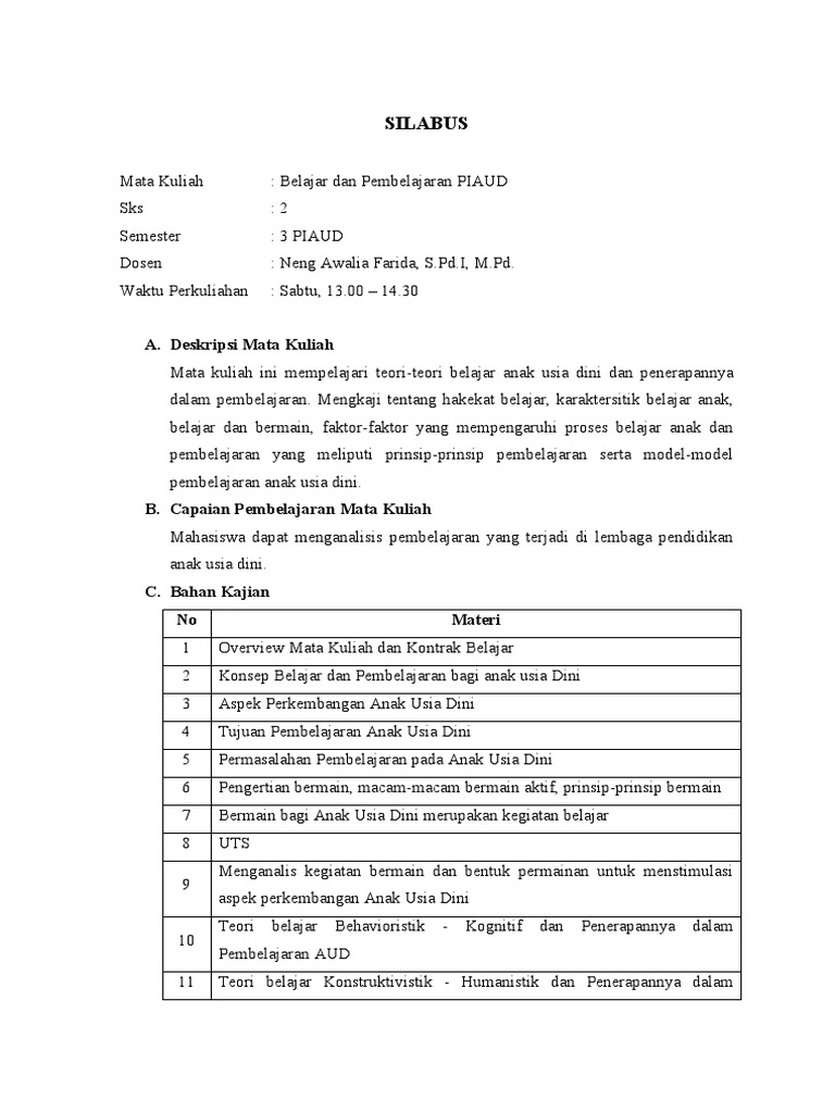 Silabus Belajar Dan Pembelajaran PAUD 21 | PDF