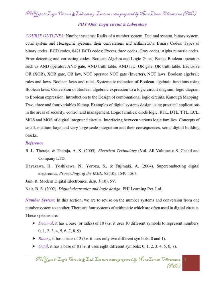PHY 4308 (Logic Cct. & Lab.) Lecture Notes | PDF | Logic Gate | Binary ...