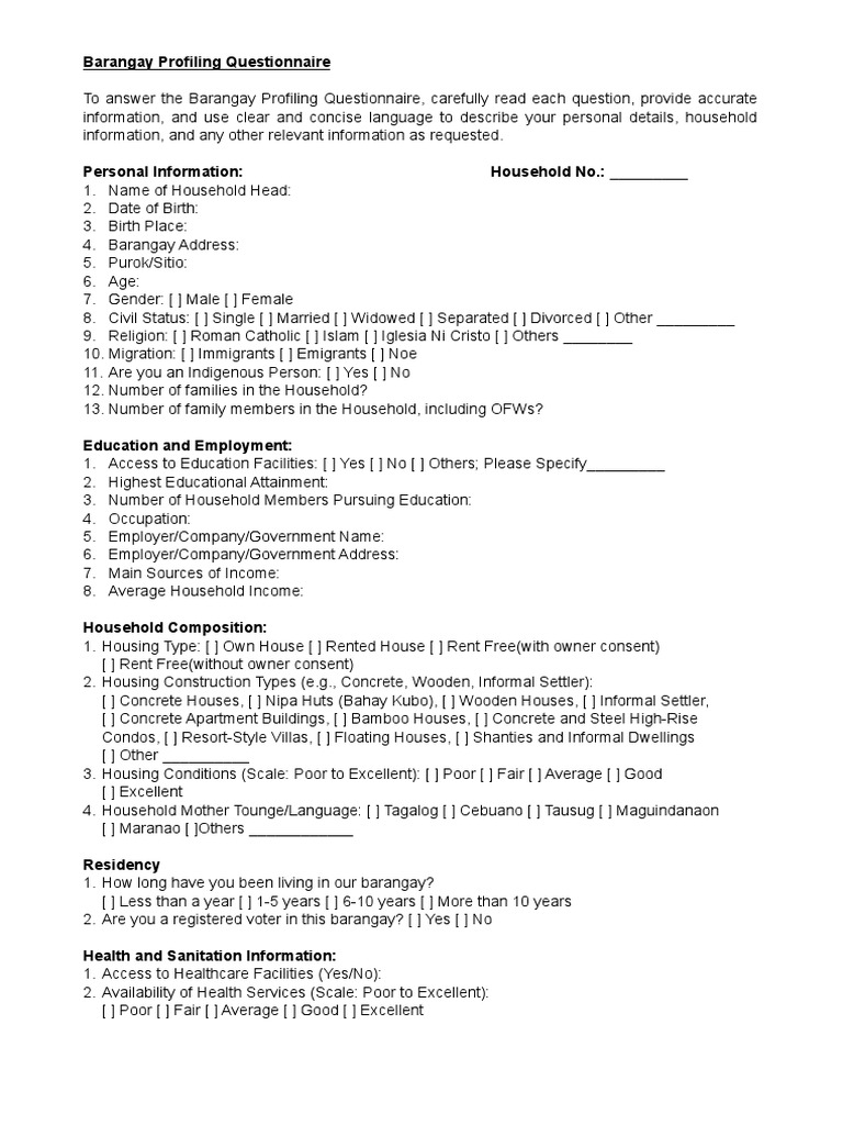 Barangay Profiling Questionnaire (AutoRecovered) | PDF