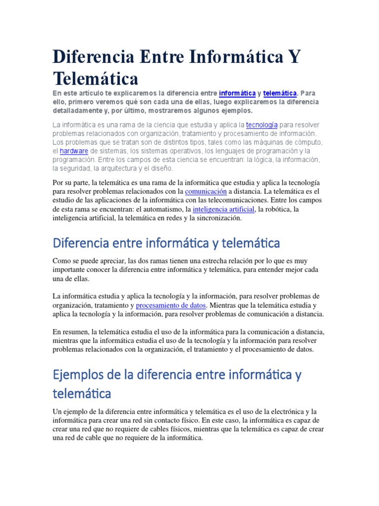 Diferencia Entre Informática Y Telemática | PDF | Informática | Inteligencia artificial