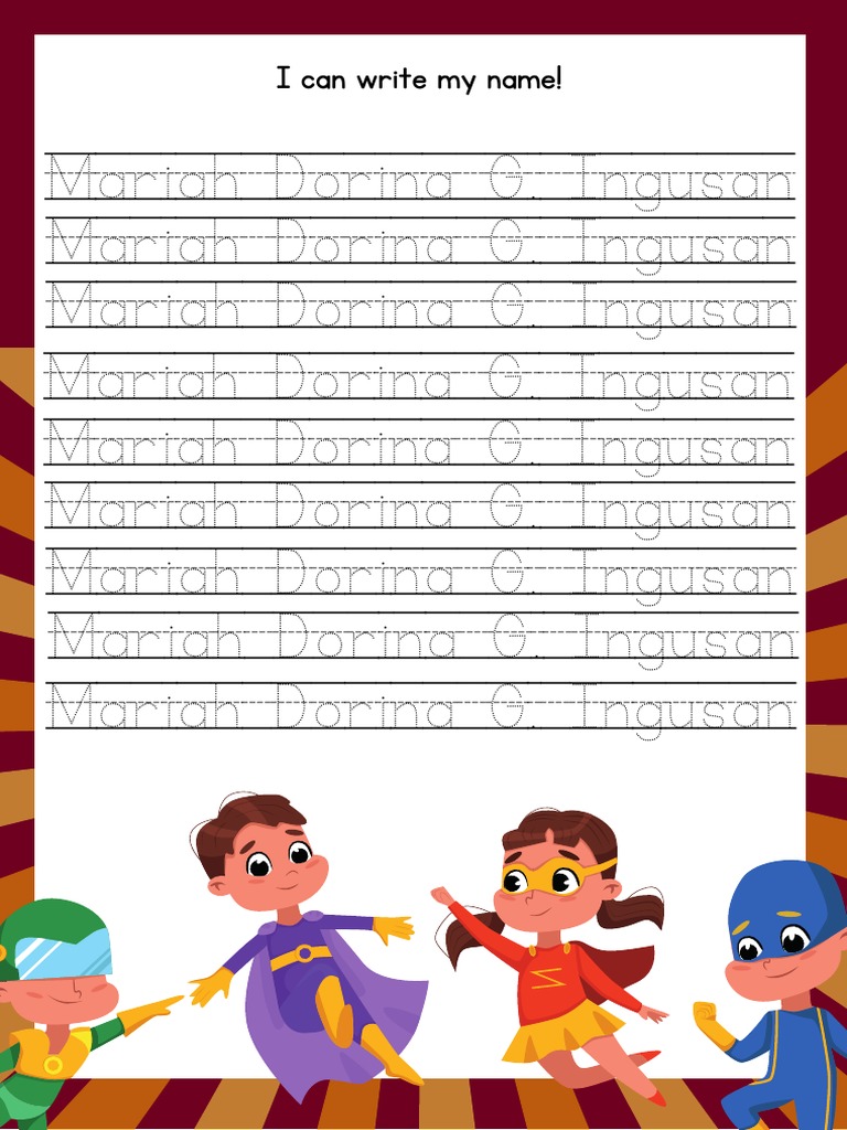 Red Fun Superhero Name Tracing Kindergarten Worksheet | PDF