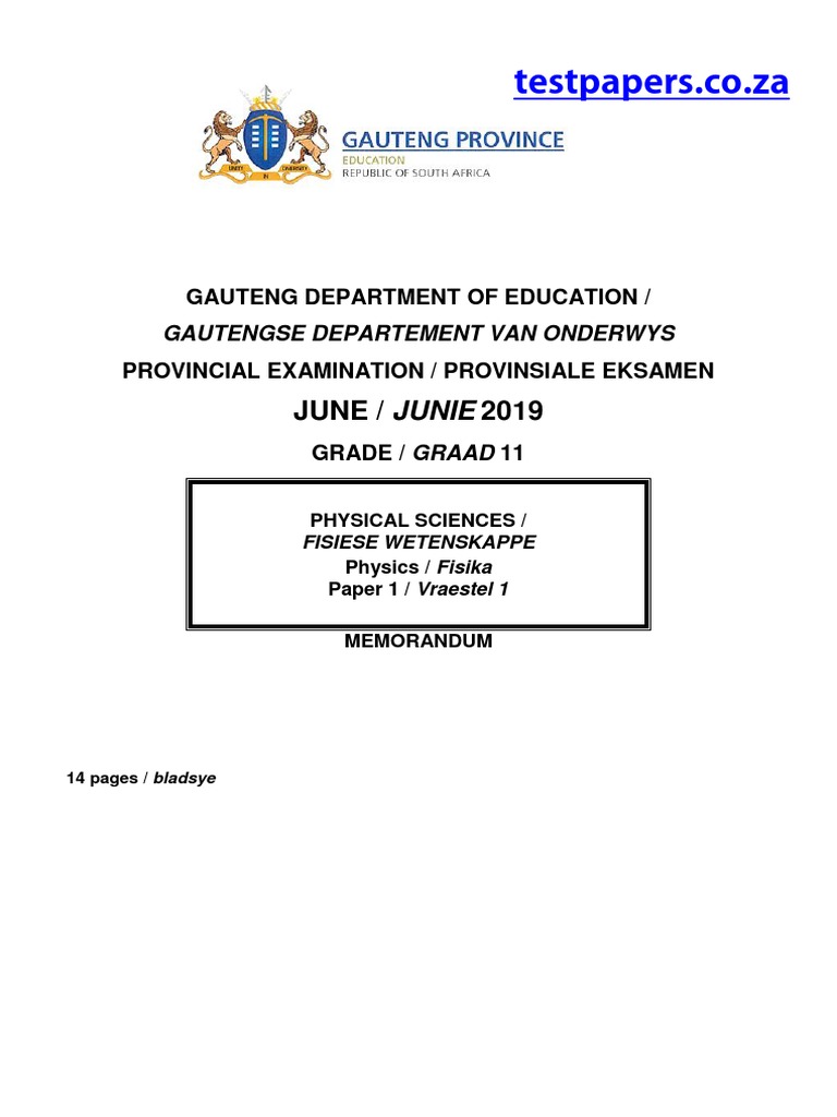 Gr11 Phy P1 (English and Afrikaans) June 2019 Possible Answers | PDF | Force | Metrology