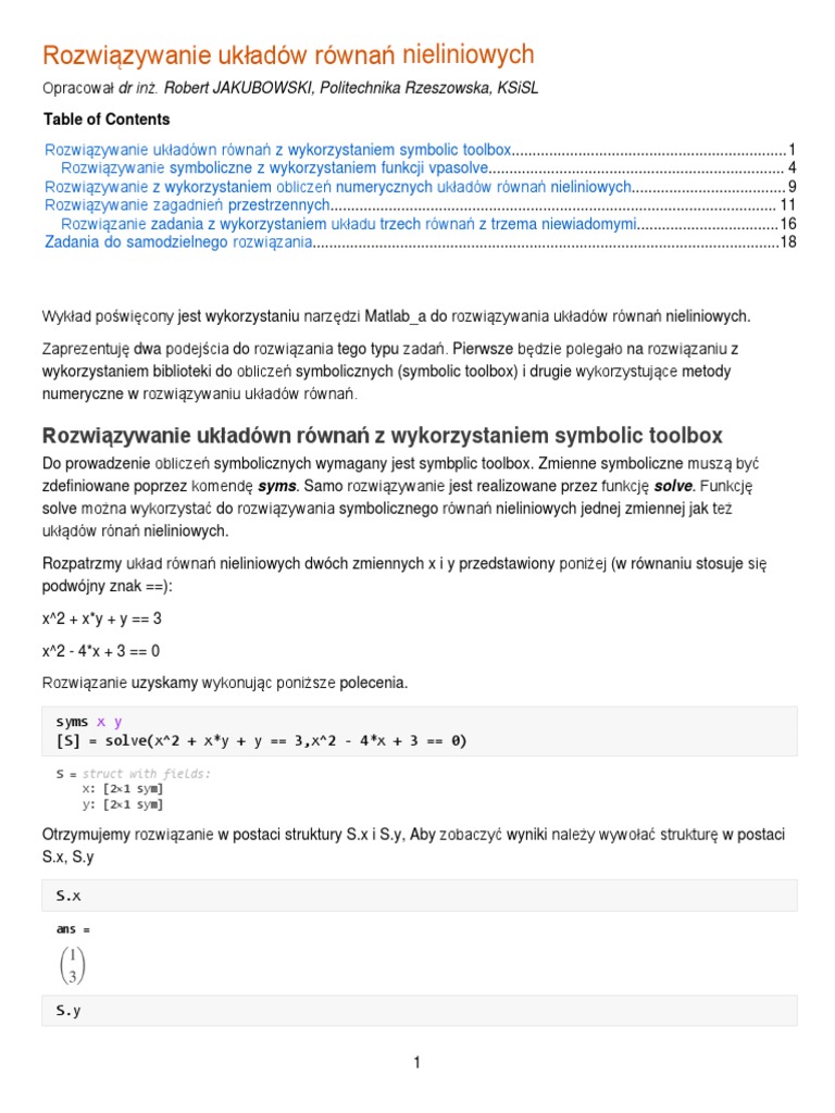 Uklady Rownan Nieliniowych Wyklad | PDF