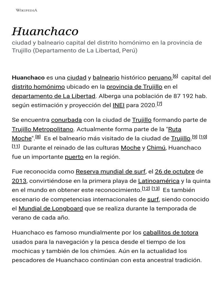 Huanchaco - Wikipedia, La Enciclopedia Libre | PDF