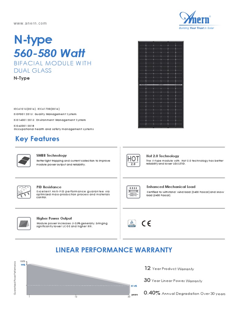 Anern 580W Half-Cell N-Type Bifacial Module With Dual Glass Mono Solar ...