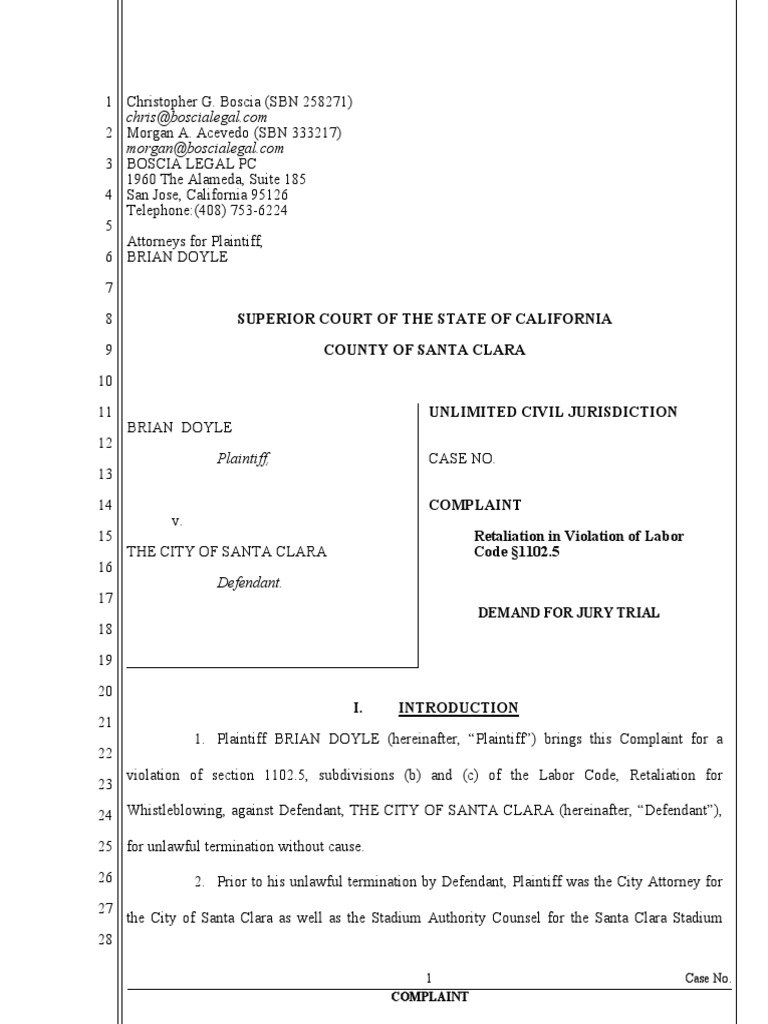 Brian Doyle Vs City of Santa Clara | PDF | Lawsuit | Complaint