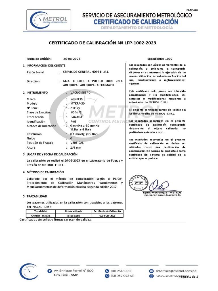 Certificado de VACUOMETRO | PDF | Calibración | Metrología