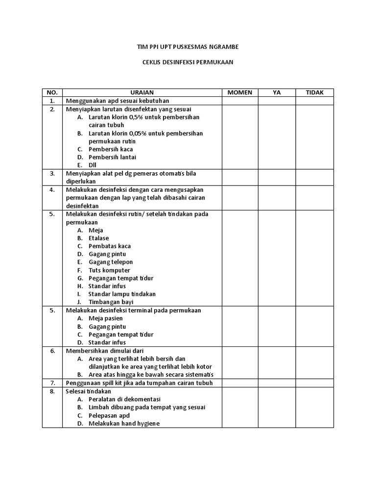 Ceklis Desinfeksi Permukaan | PDF
