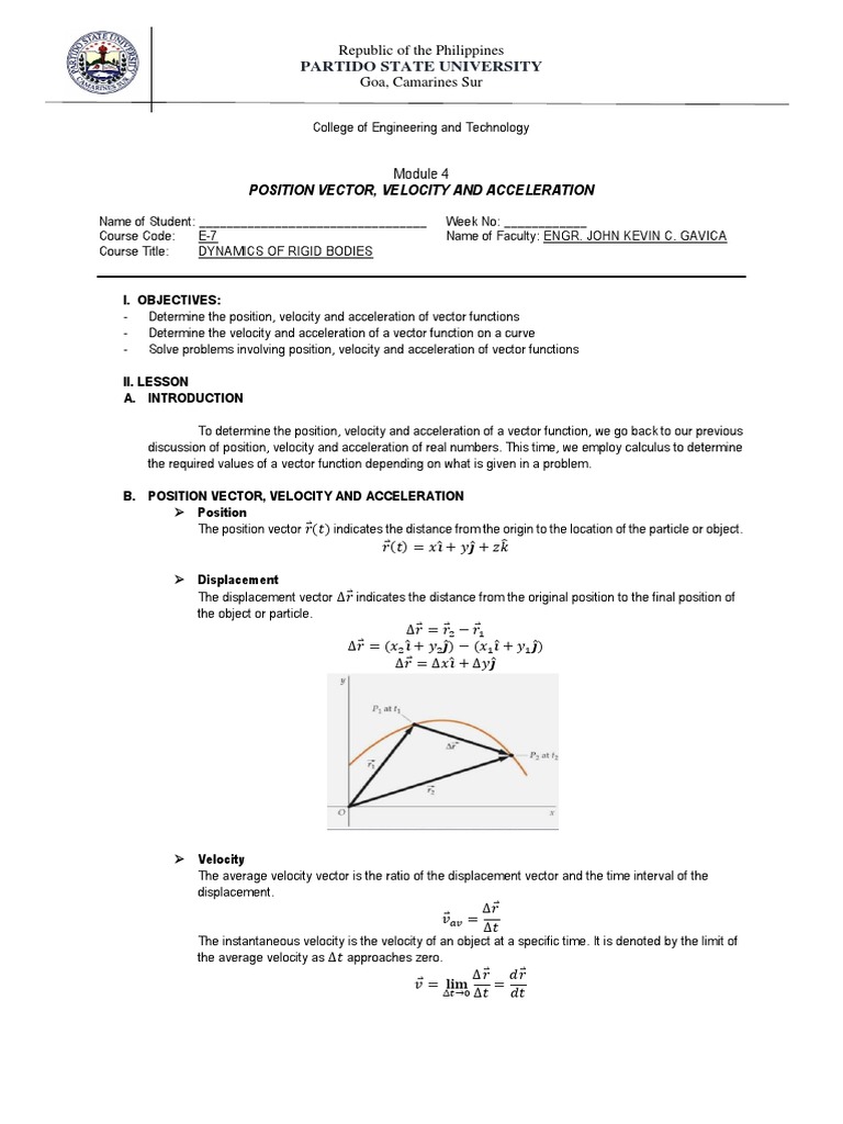Module 4 - Position Vector, Velocity and Acceleration R ...