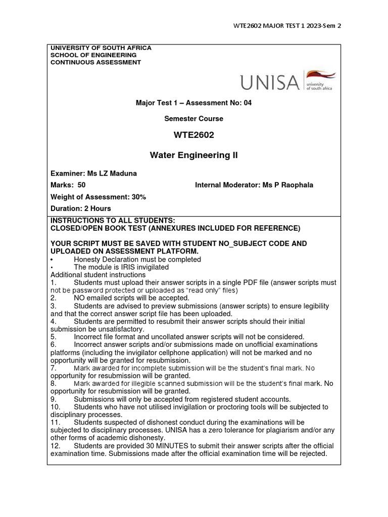 Major Test 1 - Question Paper | PDF | Hydrology | Water