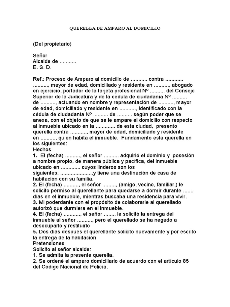 Querella de Amparo Al Domicilio Del Propietario | PDF | Queja | Justicia