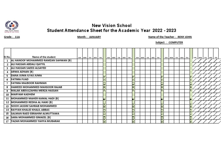 11A Monthly Attendance Sheet 2022-23 | PDF