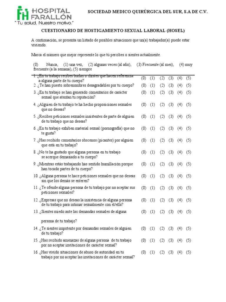 Cuestionario De Hostigamiento Sexual Laboral Hosel Descargar Gratis
