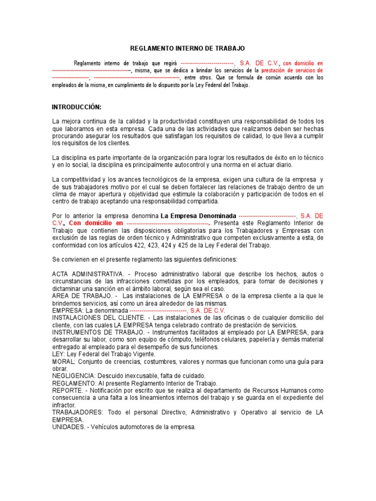 Reglamento Interior de Trabajo Ejemplo | PDF | Business | Calidad (comercial)