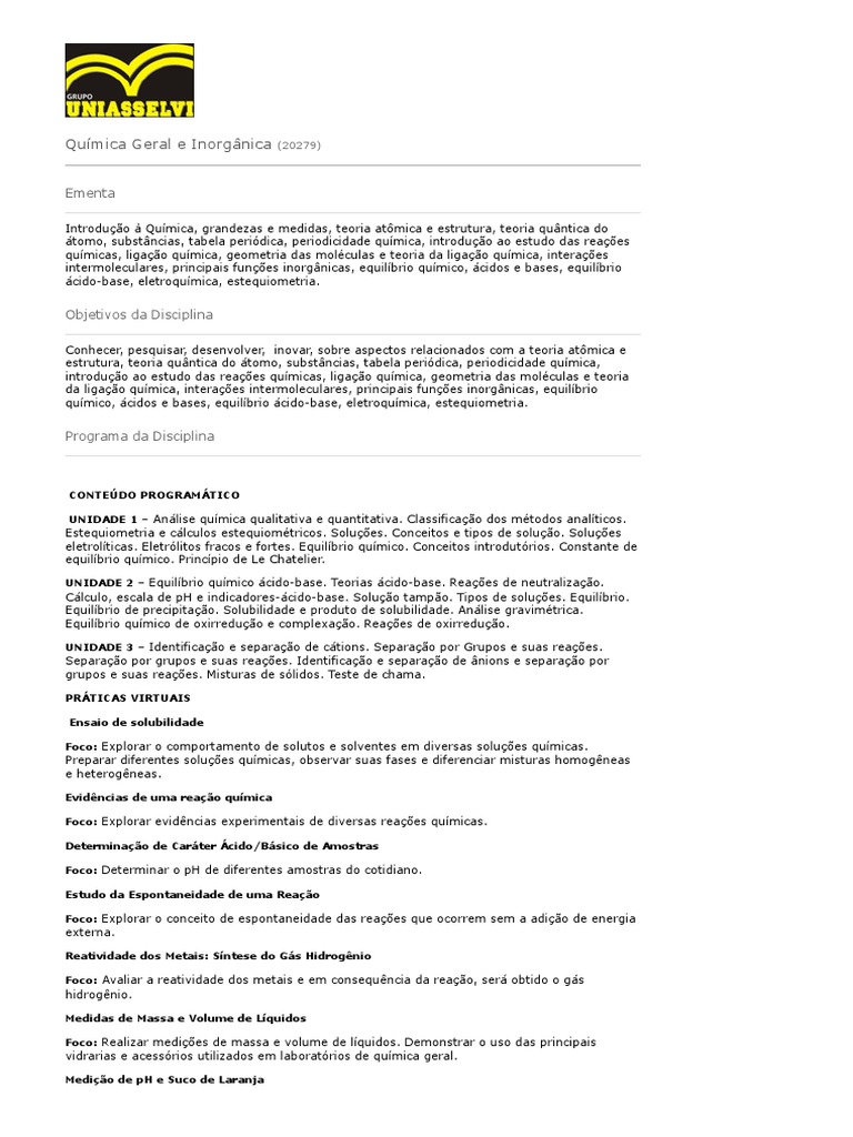 Ementa Da Disciplina - Química Geral e Inorgânica (20279) - Grupo UNIASSELVI | PDF | Química ...