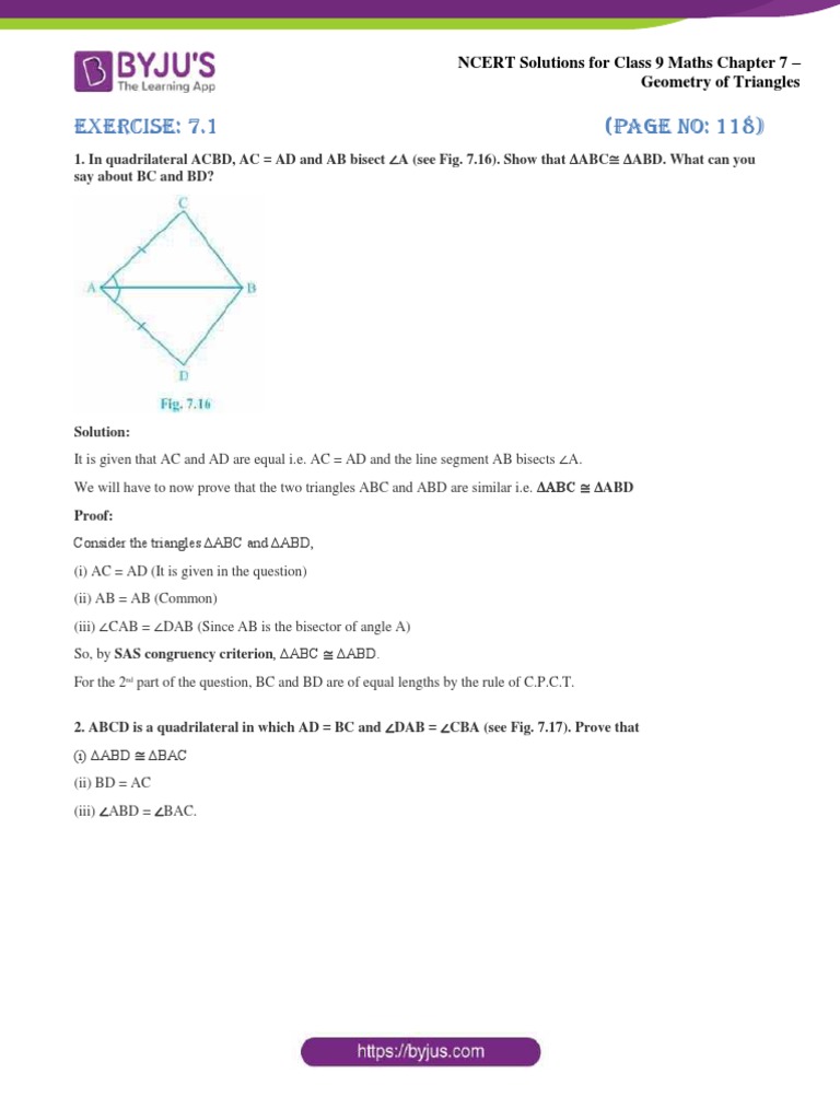 NCERT Solutions For Class 9 Maths Chapter 7 Geometry of Triangles | PDF ...