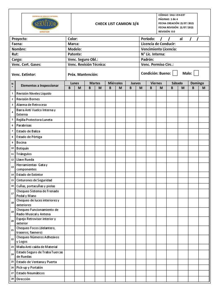 Smj-Veh-037 Check List Camion 3-4 | PDF | Vehículos | Vehículo de motor