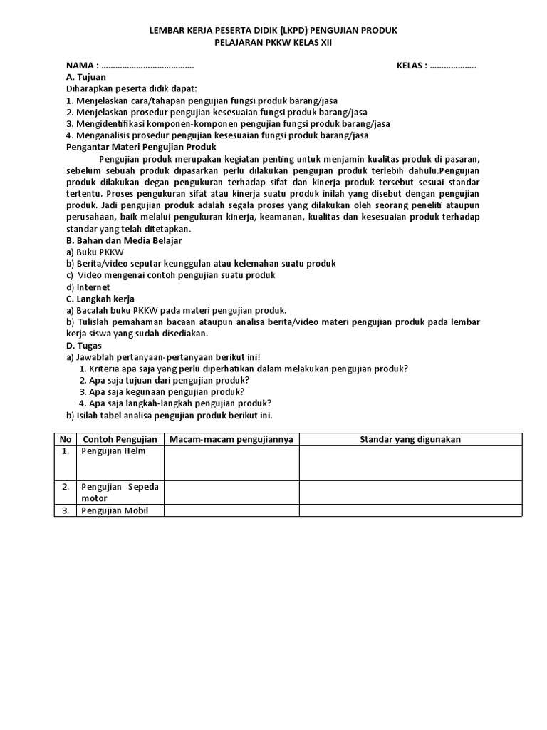 LKPD Pengujian Produk Kelas XII | PDF | Komputer | Teknologi & Rekayasa