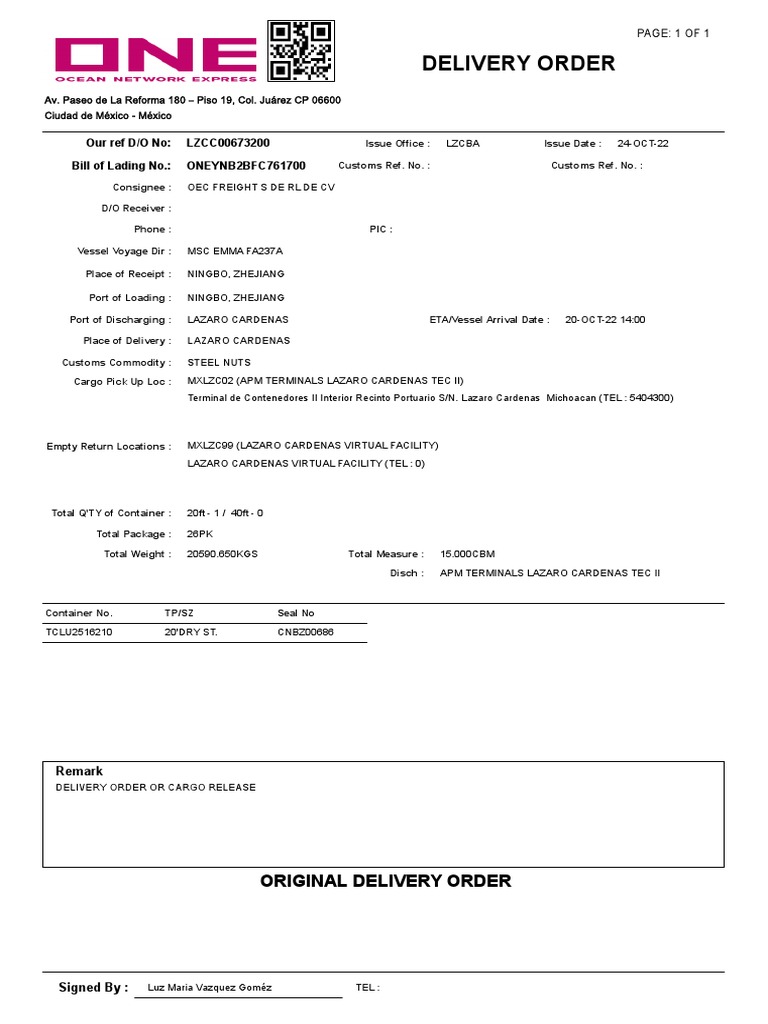 Delivery Order for Steel Nuts Shipment | PDF