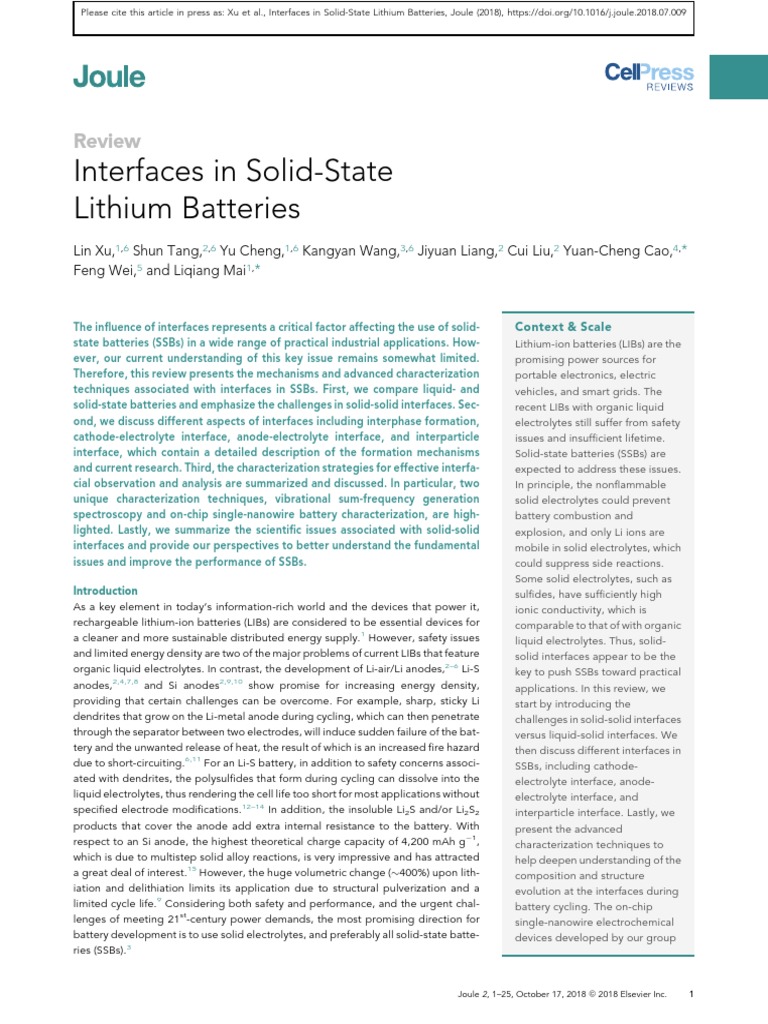 Interfaces in Solid-State Lithium Batteries | PDF | Lithium Ion Battery ...