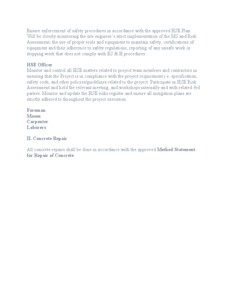 Structured Method Statement For Concrete Repair - 1 | PDF | Concrete ...
