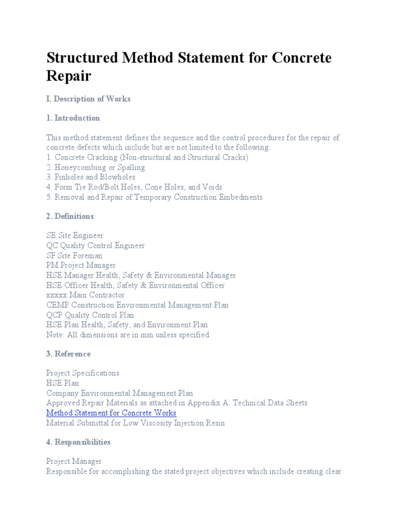Structured Method Statement For Concrete Repair - 5 | PDF | Concrete ...