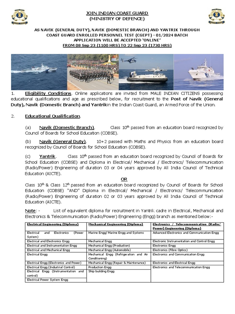 Indian Coast Guard Navik & Yantrik Recruitment 2024 | PDF | Identity ...