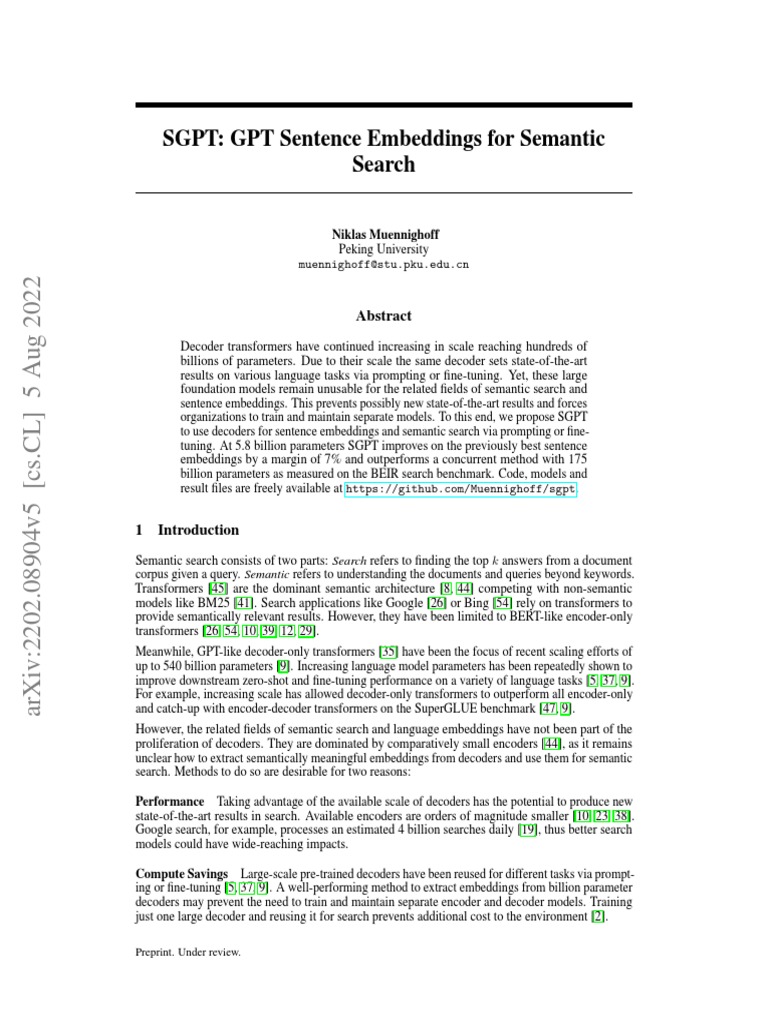 SGPT: GPT Sentence Embeddings For Semantic Search: Preprint. Under Review | Download Free PDF ...